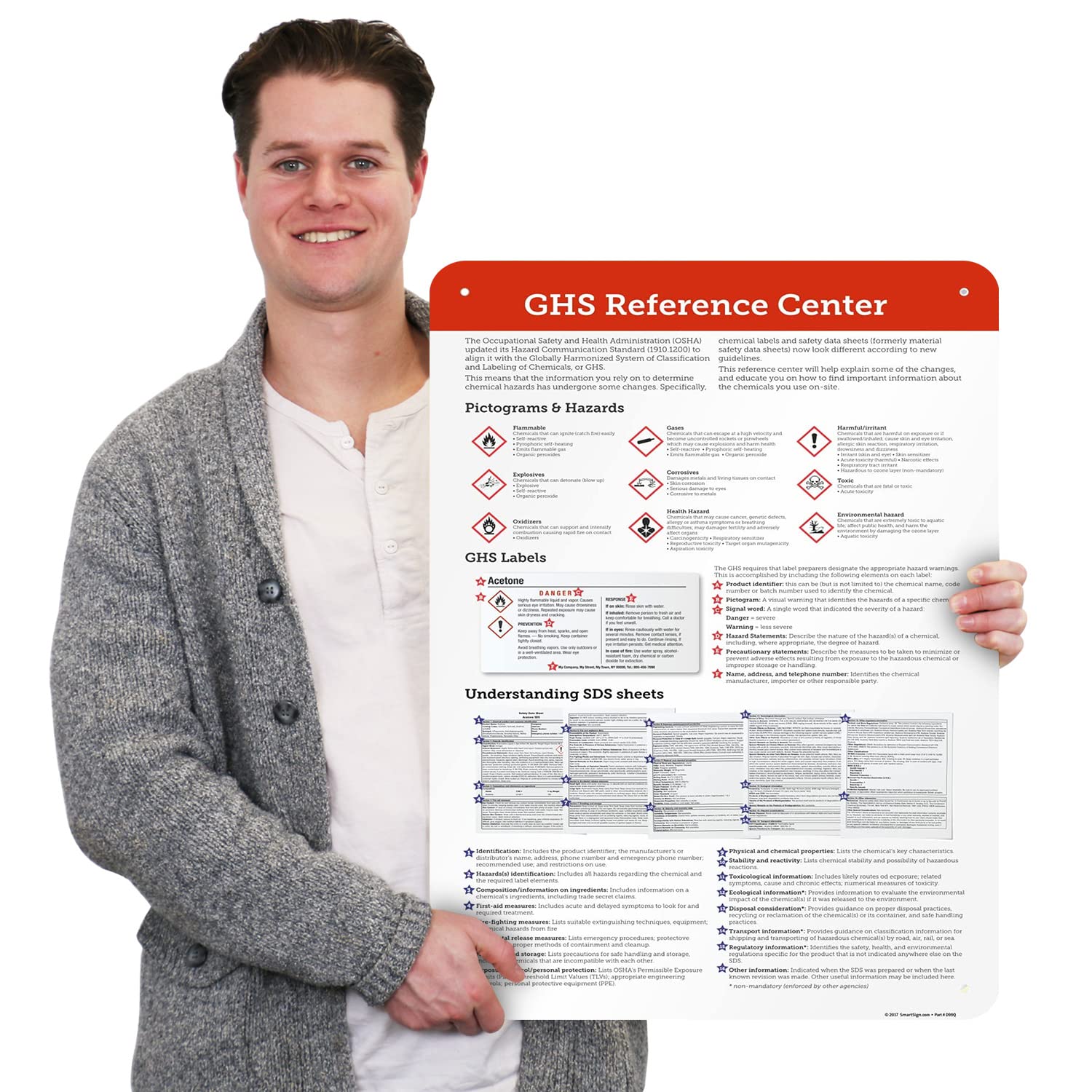 SmartSign 18 x 24 inch Safety GHS Poster “GHS Reference Center - Pictograms And Hazards, GHS Labels, Understanding SDS Sheets” 55 mil Tear-Resistant Plastic, Pre-Drilled Holes, Multicolor, USA-Made