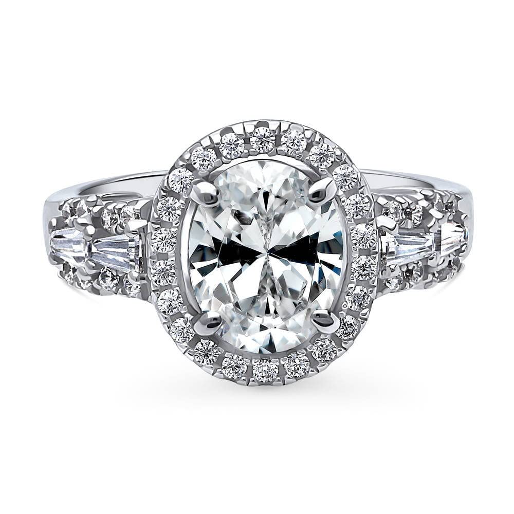 BERRICLE Sterling Silver Halo Wedding Engagement Rings Oval Cut Cubic Zirconia CZ Statement Art Deco Ring for Women, Rhodium Plated Size 6