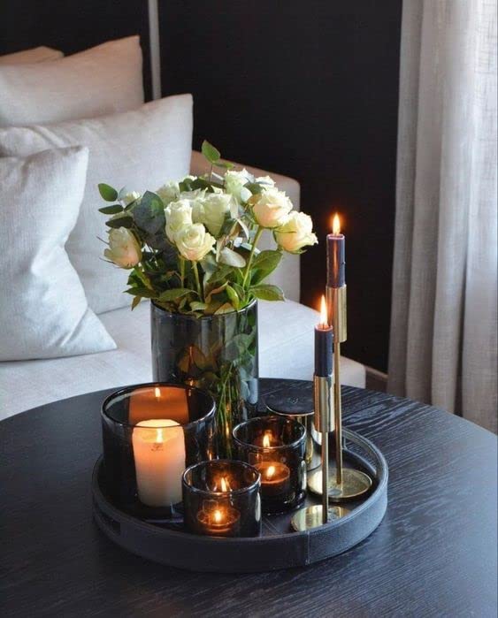 Lobolighting Black Round Decorative Serving Tray, Black Decorative Tray for Coffee Table Centerpieces Modern Farmhouse Home Decorations