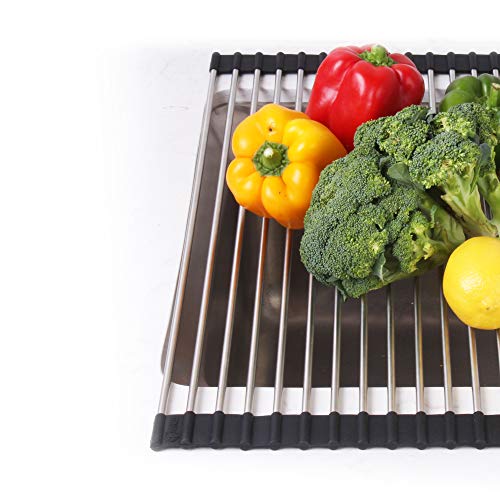 CANWELL 17"x15" Roll Up Dish Drying Rack, Premium 304 Stainless Steel Over Sink Kitchen Drainer Rack with Silicone Rims, Black