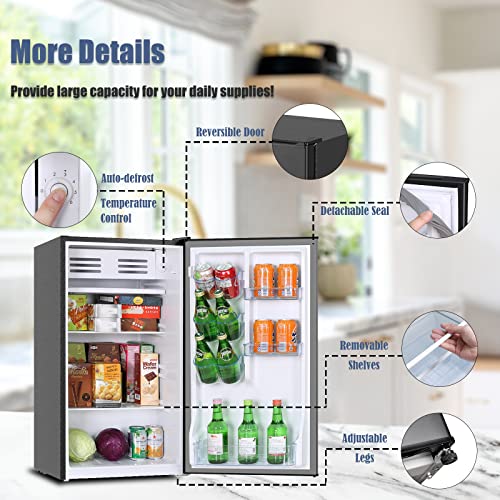 Frestec Mini Fridge with Freezer, 3.2 Cu.Ft Mini Refrigerator with One-touch Easy Defrost,37 dB Low Noise, Compact Small Refrigerator for Dorm, Bedroom, Office (Stainless Steel)