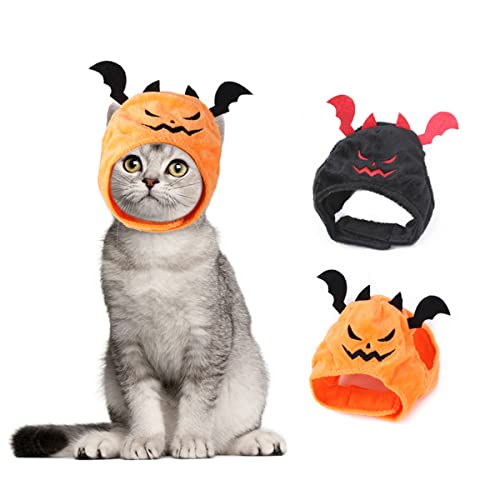 Do-Dottii 2 Pcs Cat Halloween Costume Pet Dog Halloween Cat Devil Hat Costumes Pumpkin Hat Cat Puppy Party Cosplay Dress Up Headdress Cute Funny Kitty Cap for Halloween Decoration