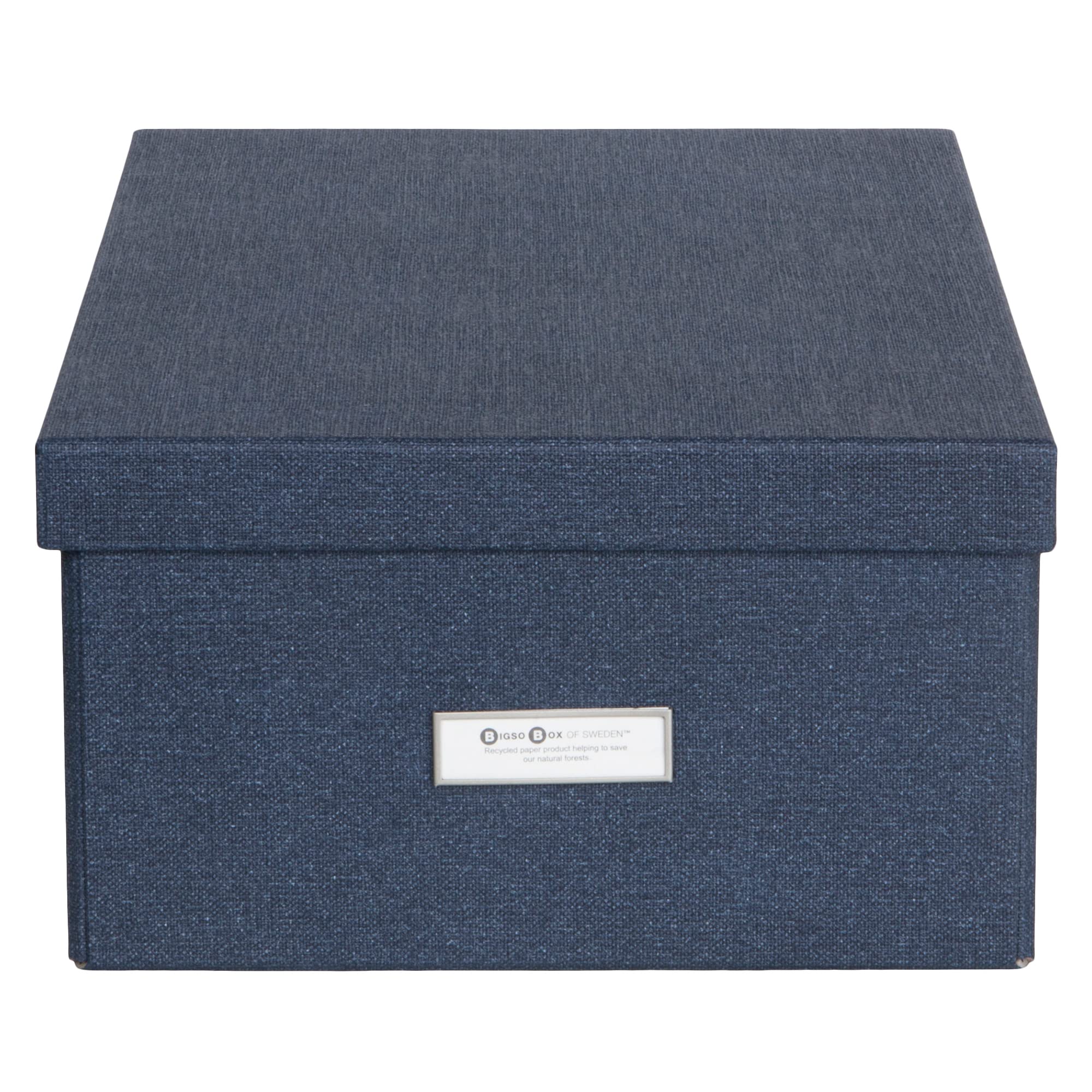 Bigso Katia KD Collapsible Storage Box | Photo Storage Box with Labelframe for Easy Identification | Simple Assembly without Tools | Decorative Storage Boxes with Lids | 11.3"x15.4"x6.4" | Blue