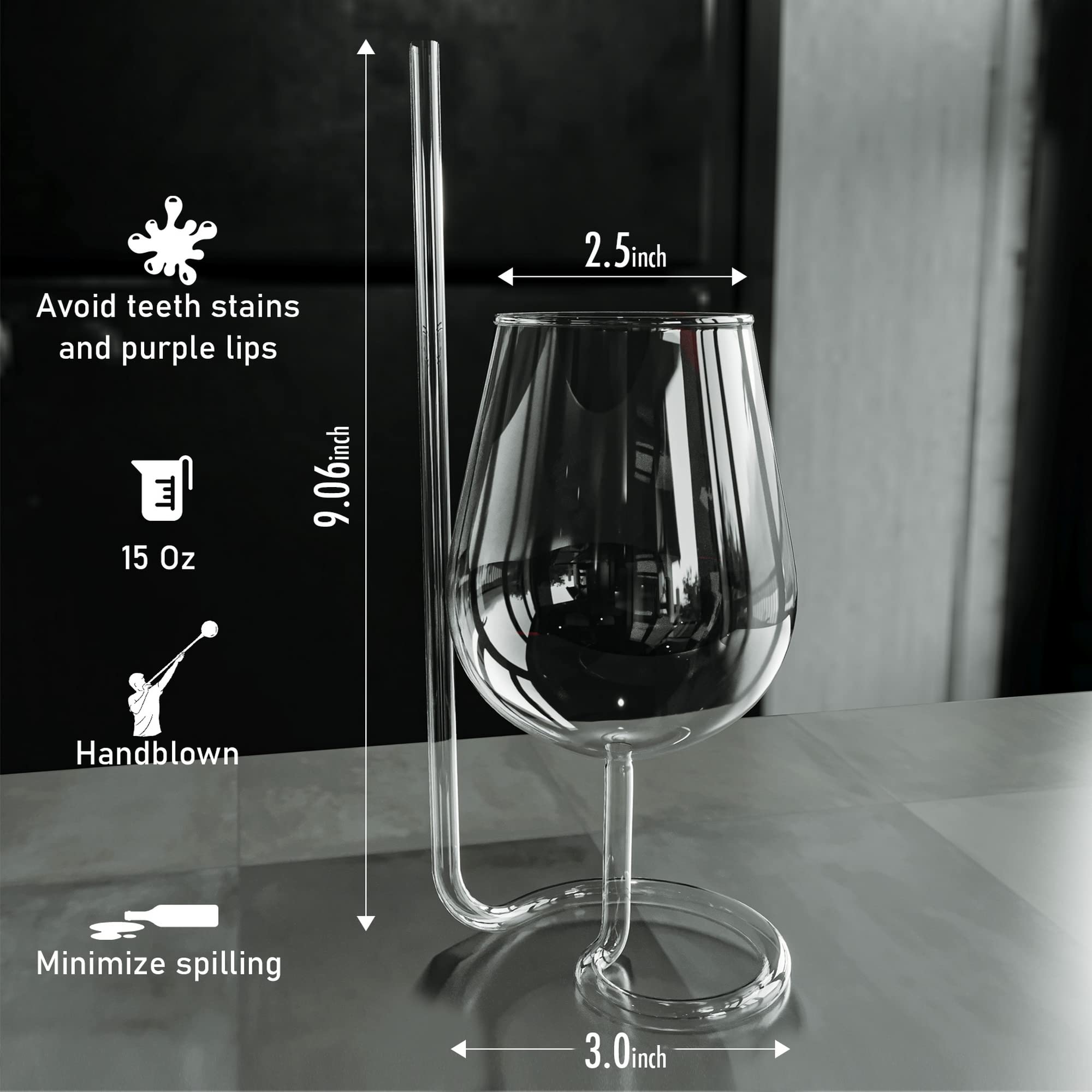 Briller Wine Glass With Straw - 15 oz Unique Wine Glass | Premium | - Large, Handblown, Crystal, Durable - Perfect Wine Gift