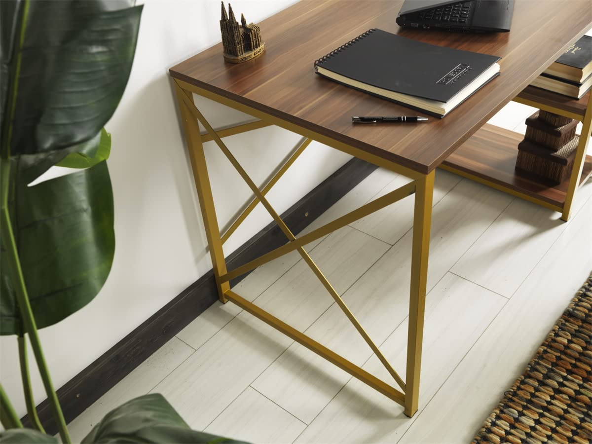 LLS Computer Desk, Work Table Writing Desk Gaming Table Workstation with 47" Wooden Top & 2 Shelves, Writing Sturdy Table Computer Desk with Gold Metal Frame for Home Office Furnish Store, Brown