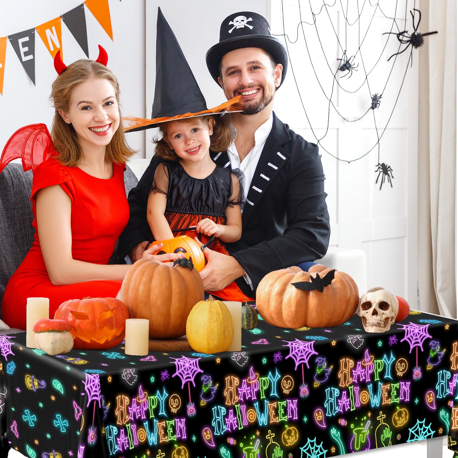 CMUSKO 3Pcs Neno Halloween Tablecloths-Glow Black Halloween Disposable Plastic Table Cover for Happy Halloween Party Supplies