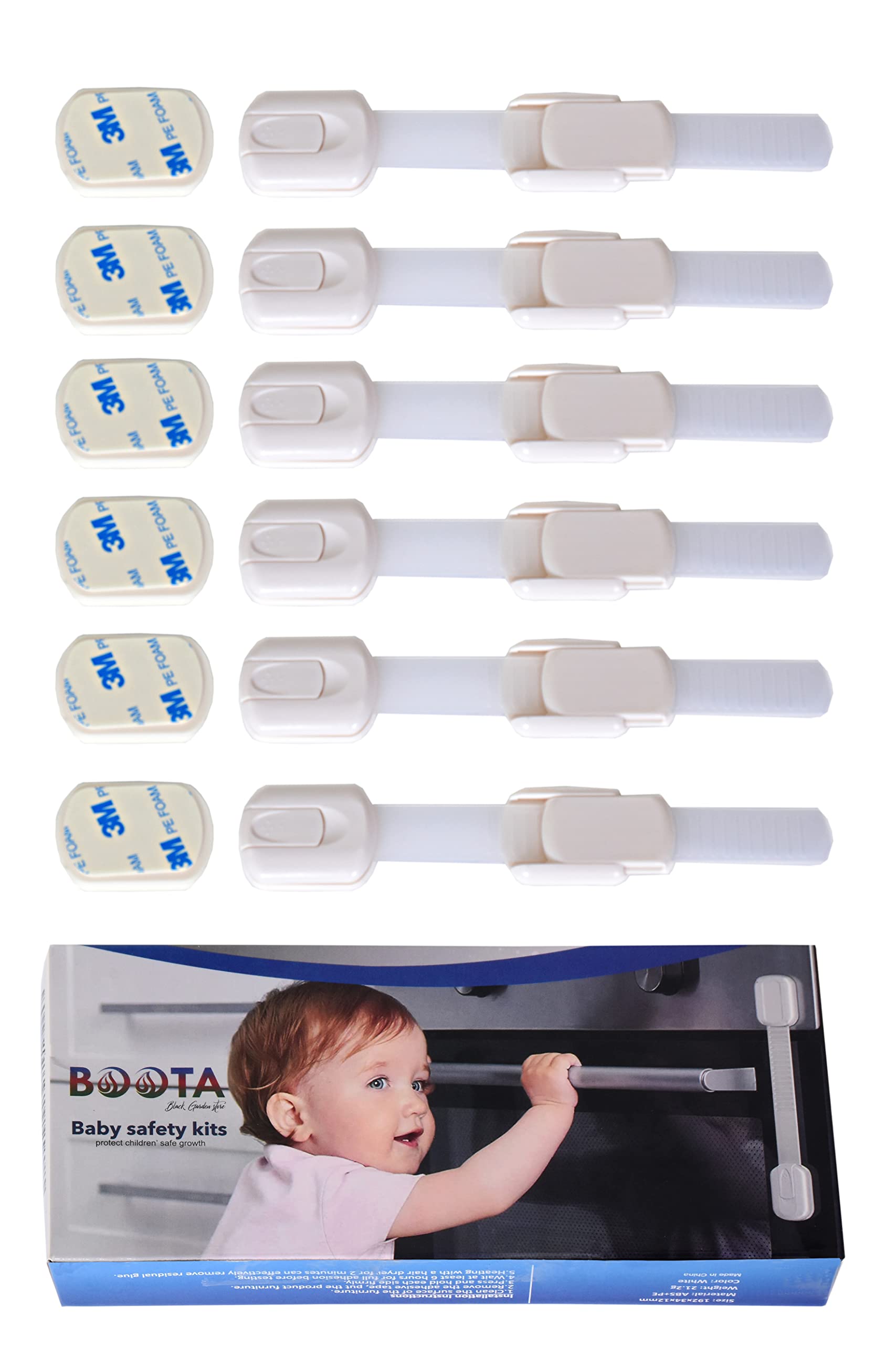 BOOTA Baby Locks (6 pack), Child Safety Strap Locks, Child Proof Cabinet Latches with Extra 3M Adhesives β Adjustable Drawer Locks, Baby Cabinet Safety Latches, Easy Installation, White