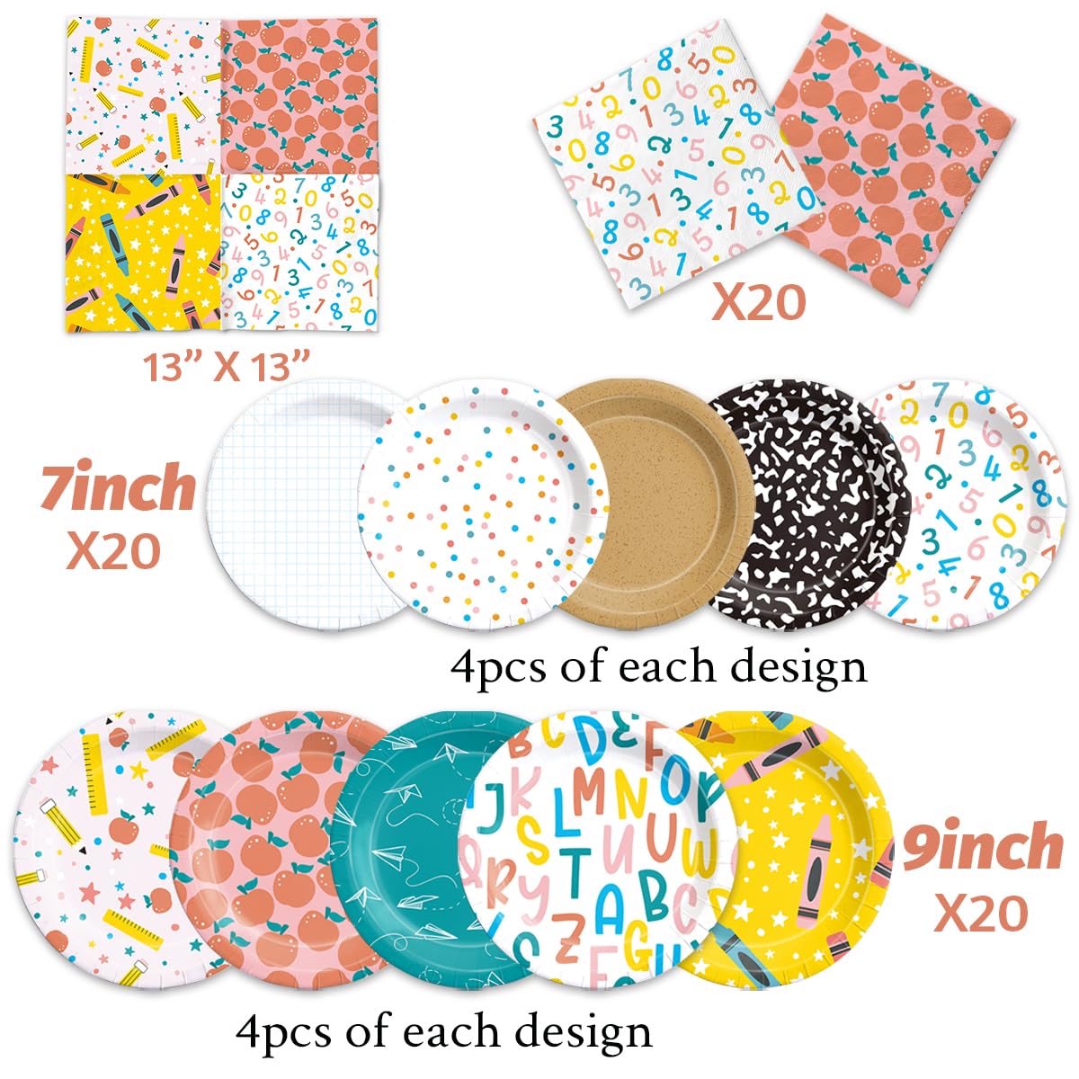 CMUSKO 60Pcs School Plates and Napkins-Back to School Decorations Ruler Apple Alphabet First and Last Day of School Preschool Kindergarten Graduation Tableware Deorations