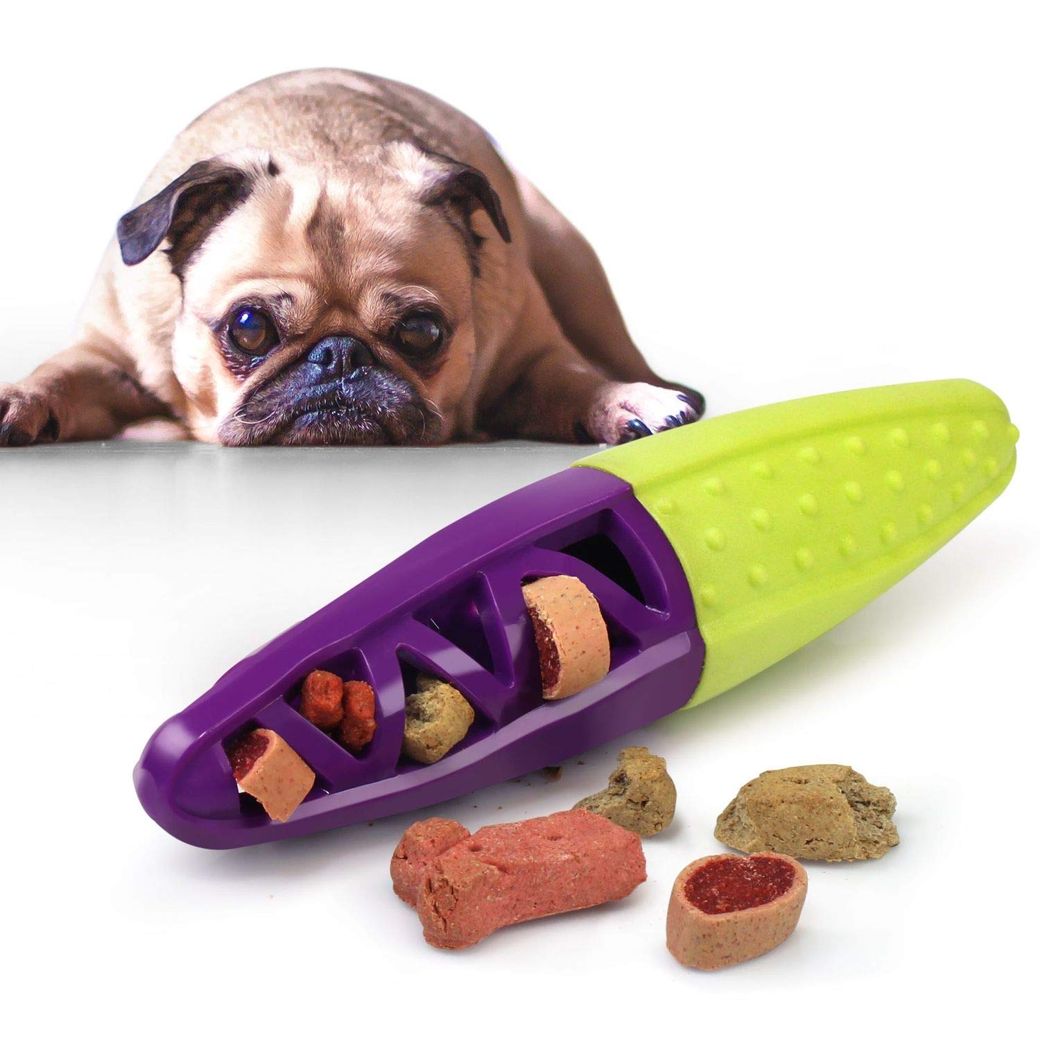 Fluffy Paws – Stick-Shaped Dog Squeaky Toy for Small-Medium Puppy & Dogs | Dental Dog Treat Chew Toy Helps Massage Dogs Gums, Good for Aggressive Chewers | Green/Purple