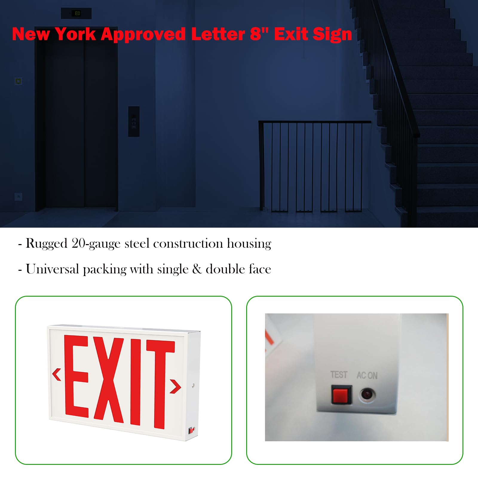 Garrini New York Approved Steel Letter 8" Exit Sign Emergency Light, Steel Housing with Backup Battery,120-277V, Single and Double Faces,Fire Resistant UL Certified NYC-200