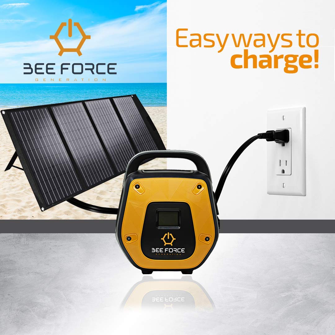 BEE FORCE New Portable Solar Generator and Power Bank 300Wh Battery Capacity, 600W Peak Power, 300W Continuous Power. Power Station for Camping Trips, Emergencies, CPAP Devices, Power Storage.