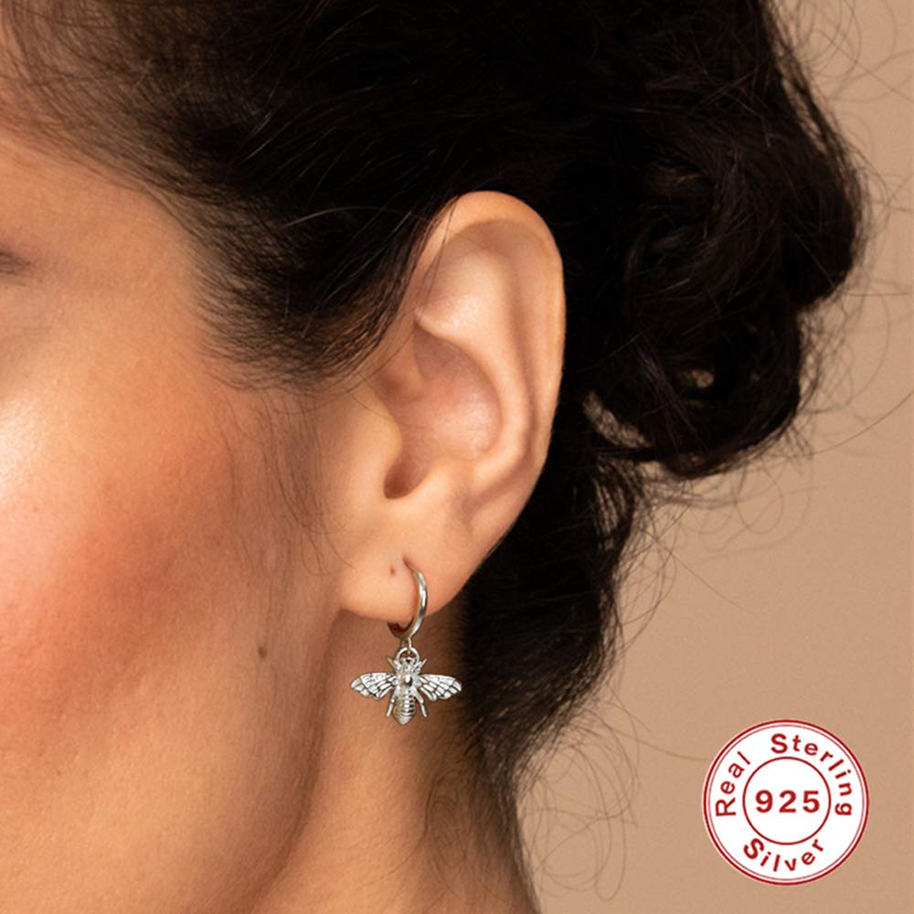 Bee Hoop Earrings Dangle for Women - Small Drop Huggie Hoop Earrings with Bee Charm in Sterling Silver for Her
