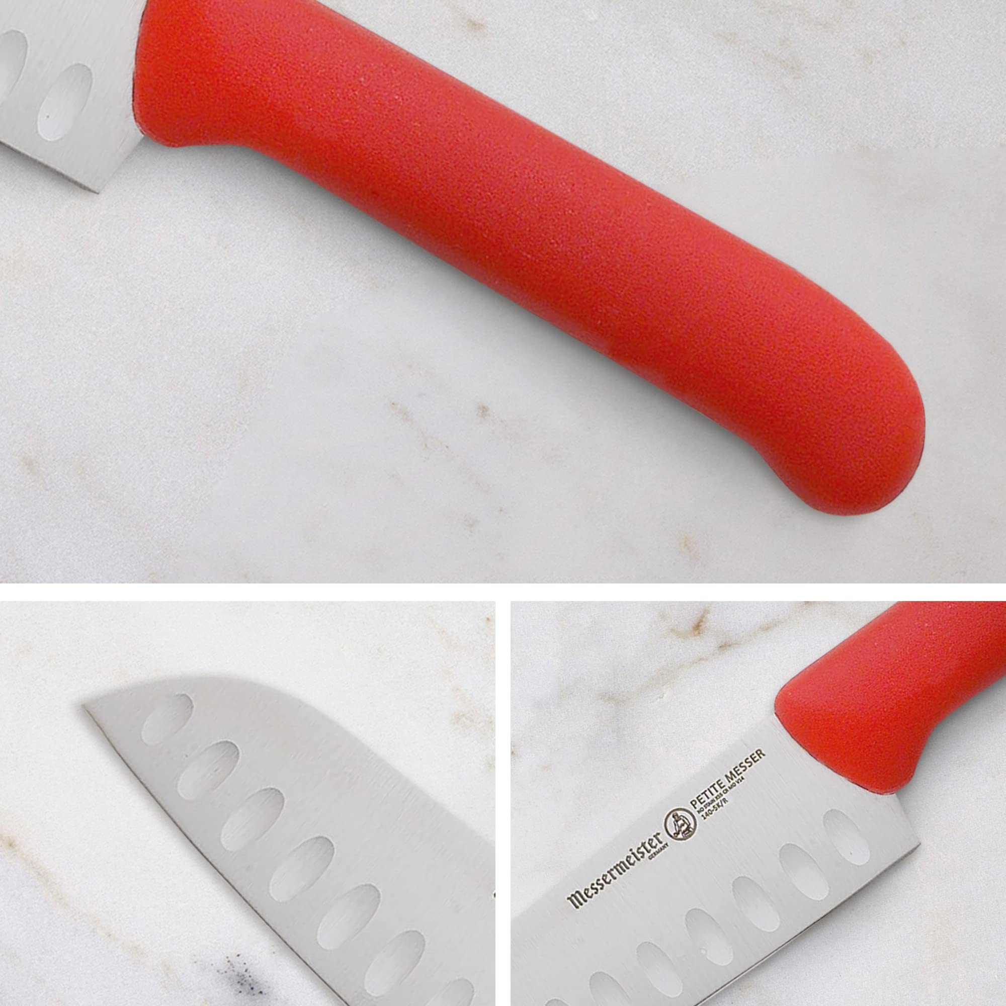 Messermeister Petite Messer 5” Kullenschliff Santoku Knife, Red - German 1.4116 Stainless Steel & Ergonomic Handle - Lightweight, Rust Resistant & Easy to Maintain