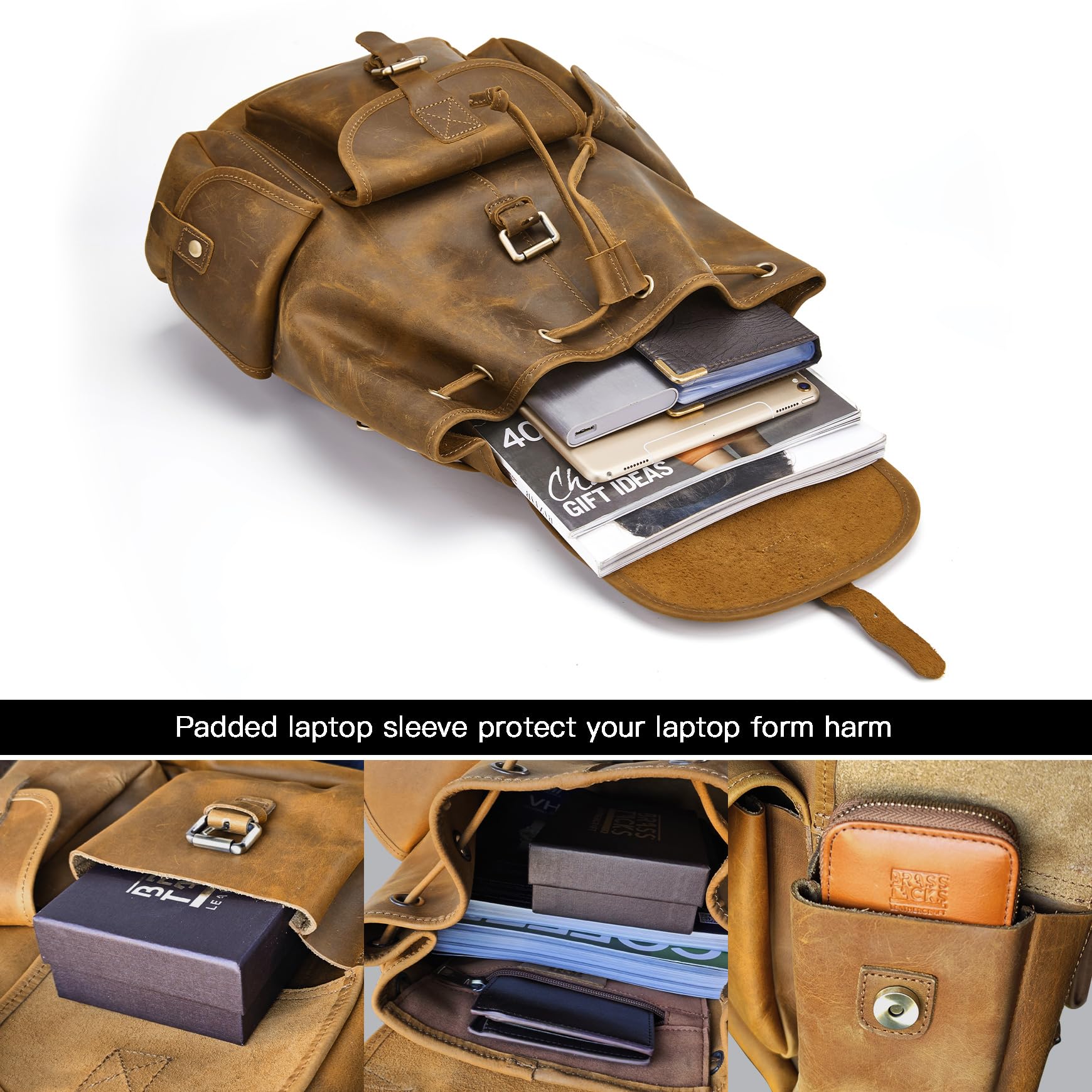 BRASS TACKS LEATHERCRAFT Backpack for Men Women Vintage Crazy Horse Full Leather Travel Daypack 15.6" Laptop Rucksack