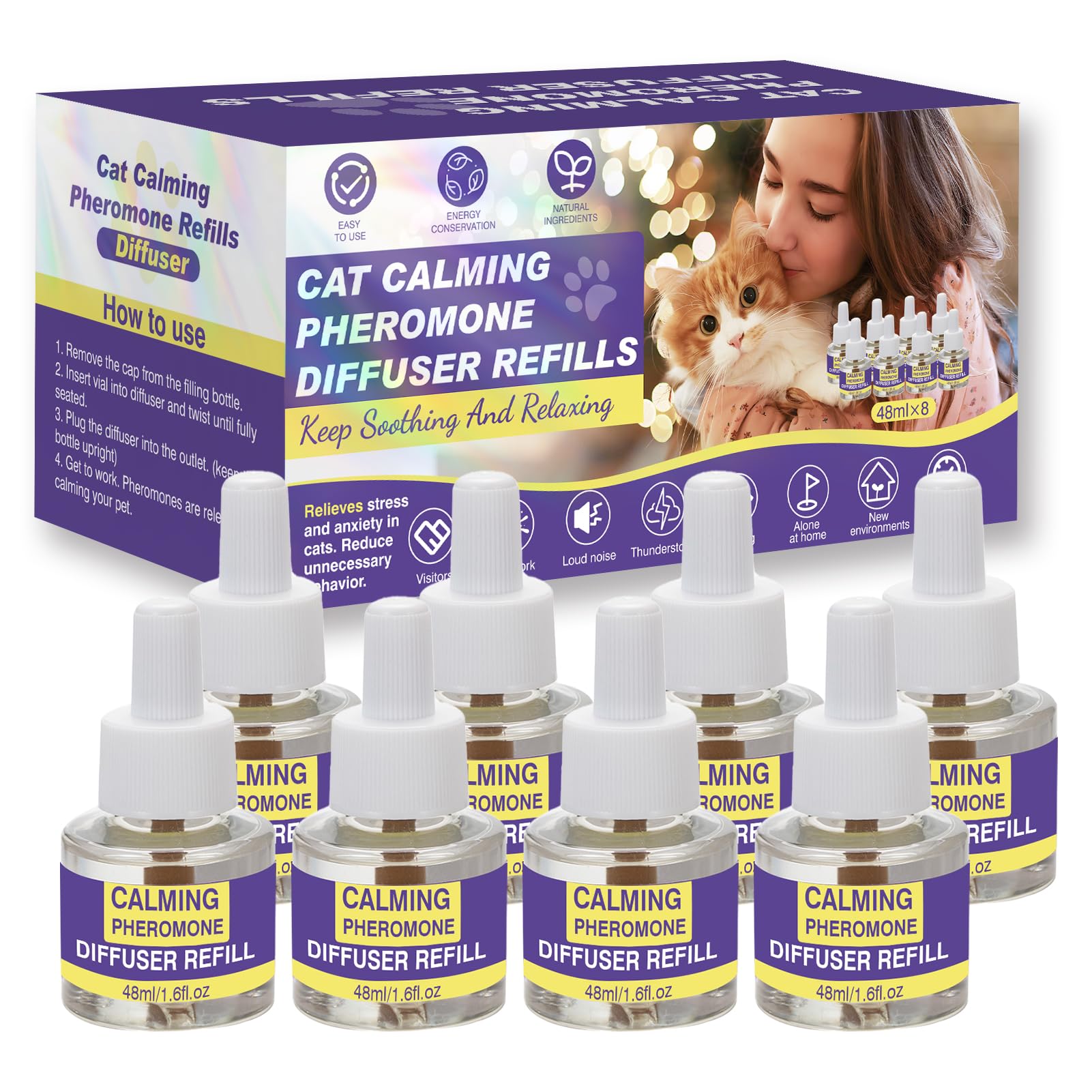 Cat Calming Diffuser Refill, 8 Pack Pheromones for Cats Multicat Diffuser Plug in Refill Pheromone to Calm Cats Soothing Feline Anxiety Stress 48ml Each Fit All Common Diffusers