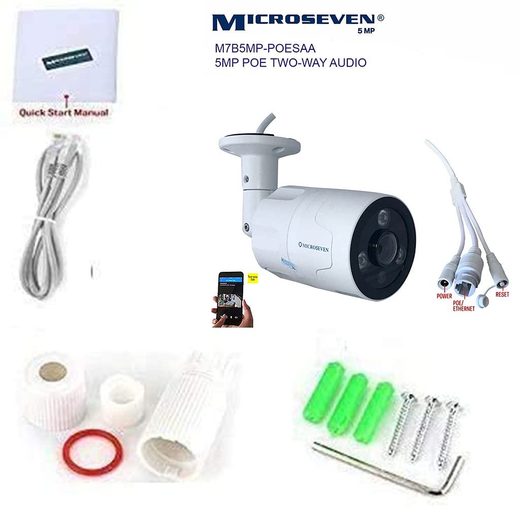 MICROSEVEN Open Source UltraHD 5MP 2560x1920 PoE Two-Way Talk,Alexa,Wide Angle,256GB SD Slot,Outdoor Night Vision Bullet Security Waterproof IP Camera,Human Motion Detection,FTP,Cloud,Web GUI,Apps+VMS