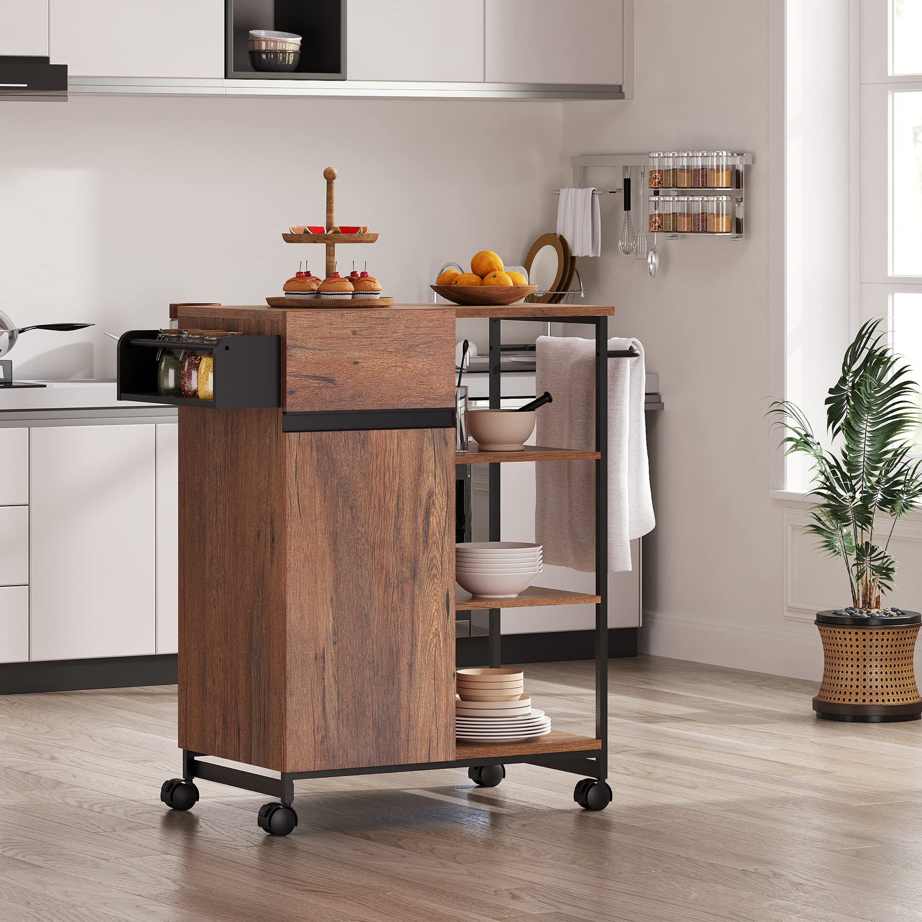 WAMPAT Kitchen Island with Open Shelf,Rolling Cart with Spice and Towel Rack for Small Space