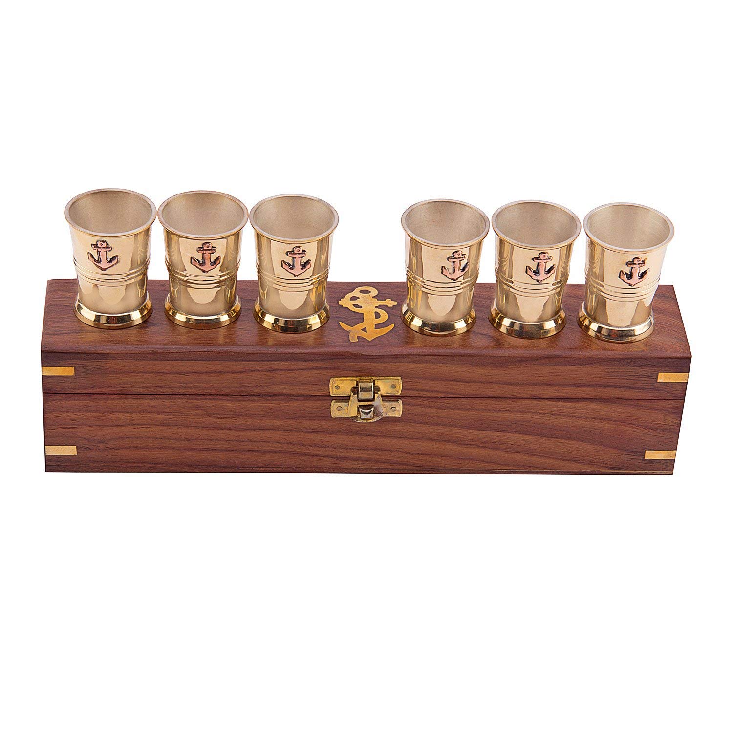 Brass Tequila Shot Glass with Anchor Monogram in Handmade Wooden Box – Six Glass Set