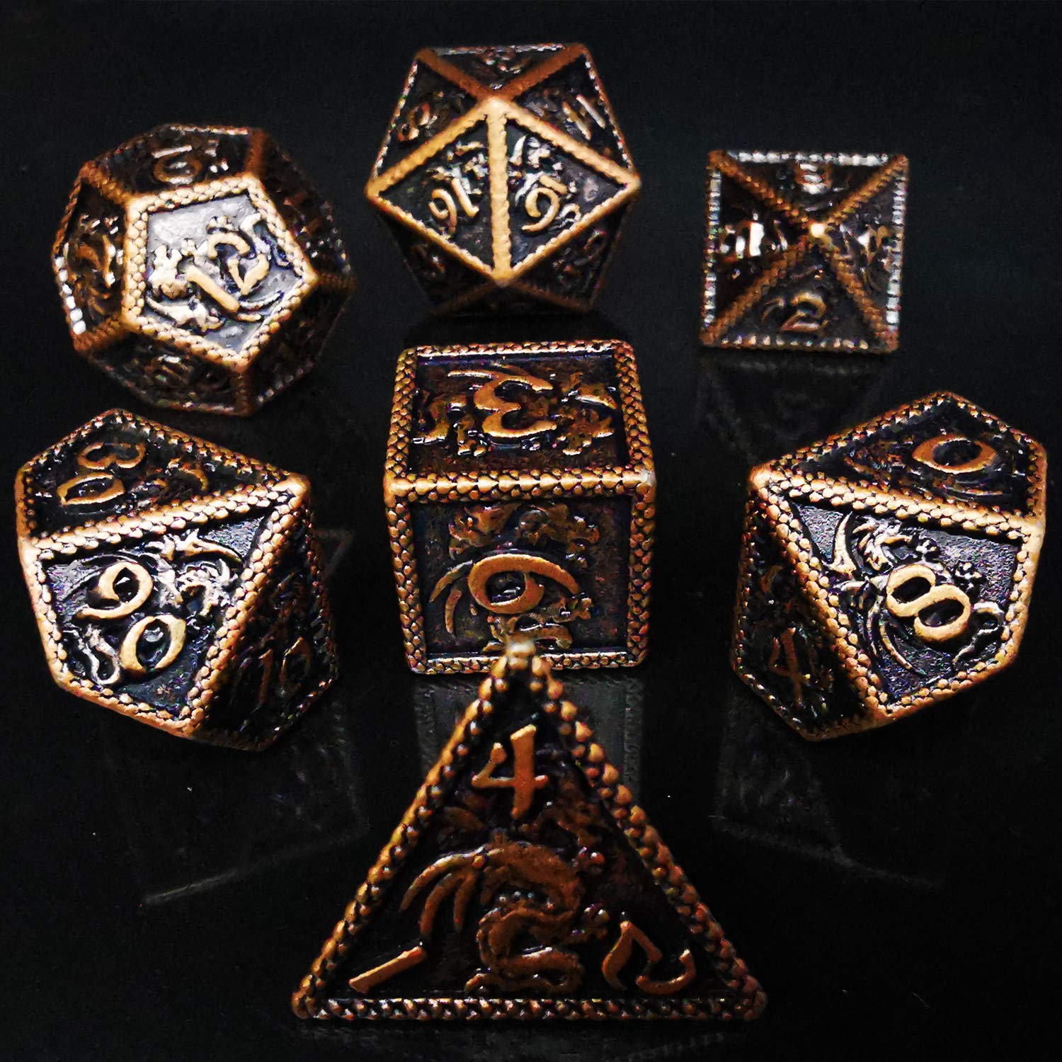 MJDICEOK Dragon Metal DND Dice Set 7 Role Playing Dice Solid D&D Dice Red Copper