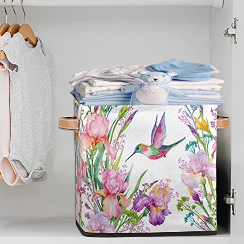 DJYQBFA Storage Basket Hummingbird Flowers Watercolor Collapsible Storage Bin with Handles Large Canvas Storage Cubes Toy Basket for Shelves Closet Nursery Cabinet Living Room Organizer 13x13x13