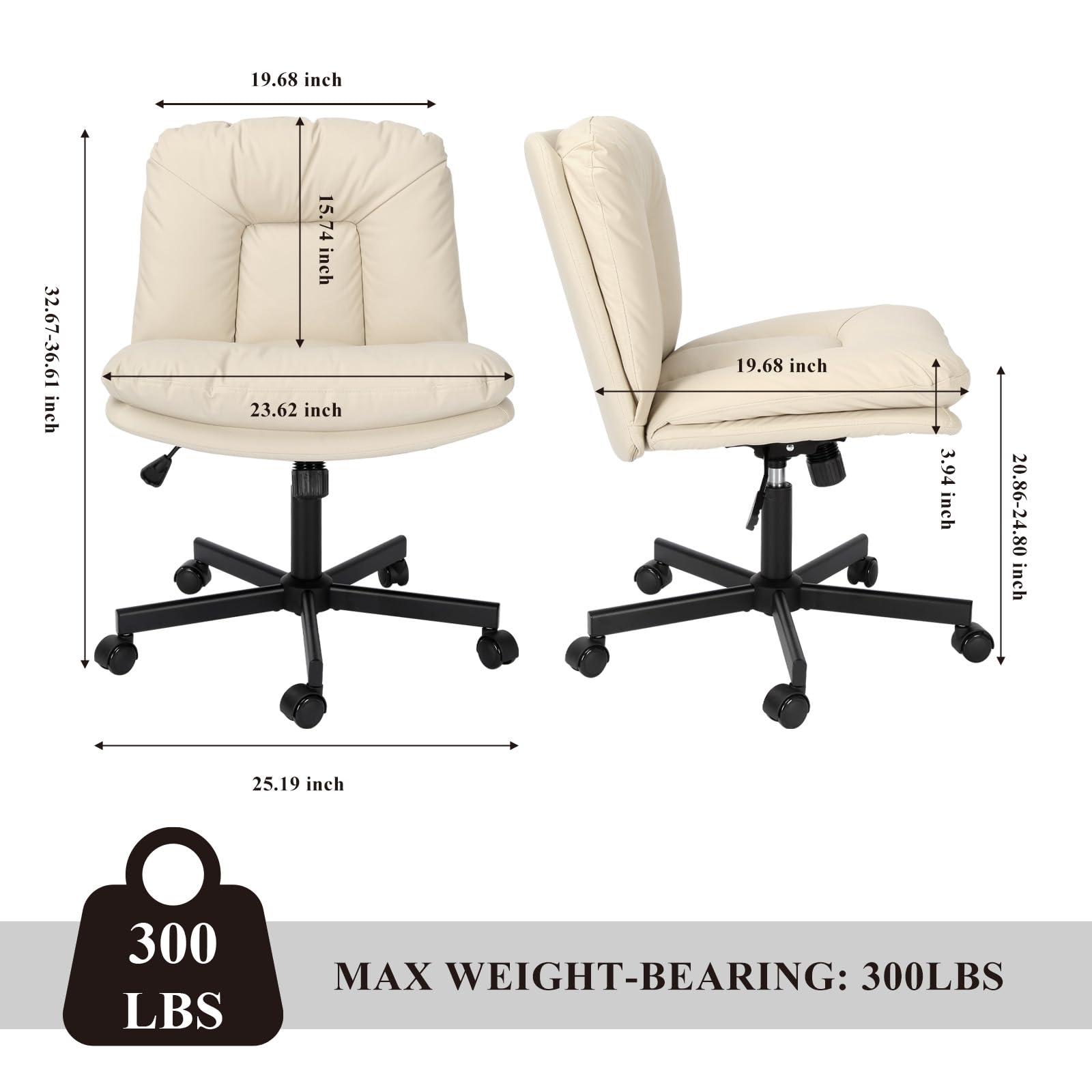 borinlan Armless Office Desk Chair with Wheels, PU Leather, Cross-Legged Wide Seat, Thickened Cushion, Adjustable Swivel, for Home/Office/Bedroom (with Wheels)