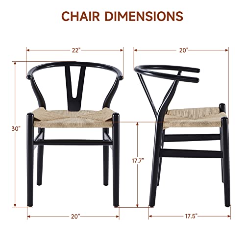 Farini Wishbone Chairs for Dining Room Solid Wood Rattan Chair Armchairs Y Shaped Backrest Hemp Seat for Home Restaurant Fully-Assembled(Set of 2,Black-Beige Seat)