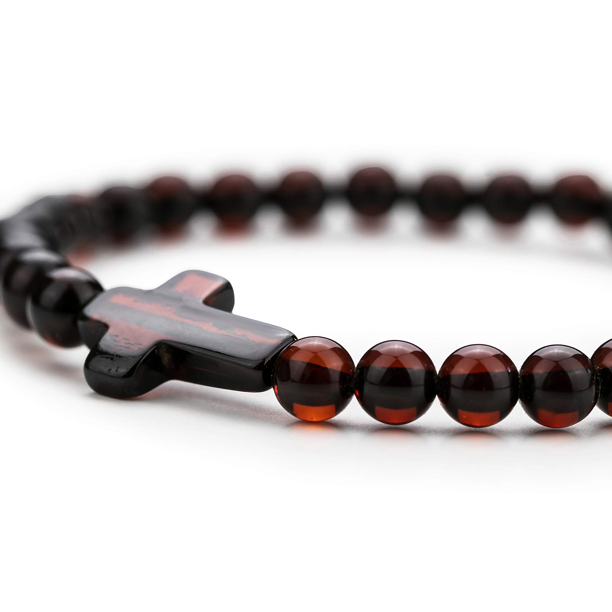 Amber Culture Amber Cross Bracelet - Handmade 5mm Beads 100% Baltic Natural Baltic Amber Stone - Stretch Unisex with Gift Box Dark Cherry Color