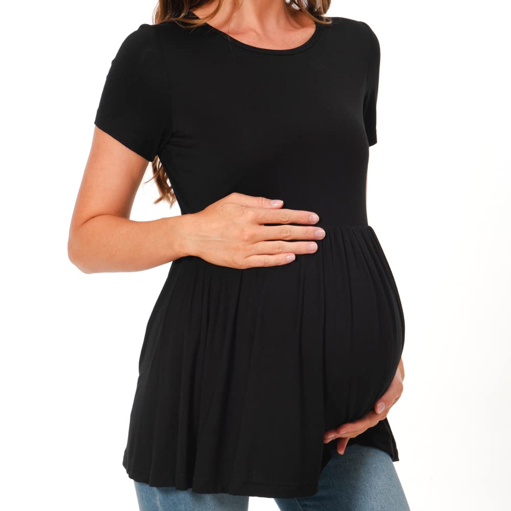 Bearsland Maternity Tops Short Sleeve Scoop Neck Maternity Shirt Pregnancy Clothes,Bean green & light purple & light pink,L
