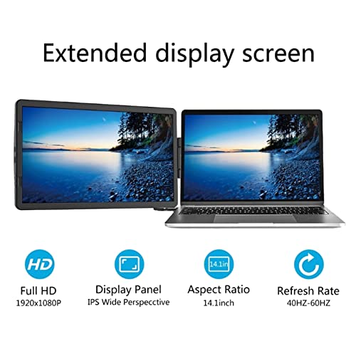 CCYLEZ 14.1in Laptop Screen Extender, 1920x1080 FHD Screen Monitor, Ultra Thin Bezel, Foldable Dual Monitor for Laptops