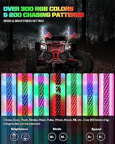 CO LIGHT Fat Spiral LED Whip Lights Thick Antenna 2FT Remote Control RGB Chasing/Dancing Light for UTV ATV 2PCS, APP-Supported 300 Colors & 200 Modes with Turn Signal, Brake Light, Reversing Light