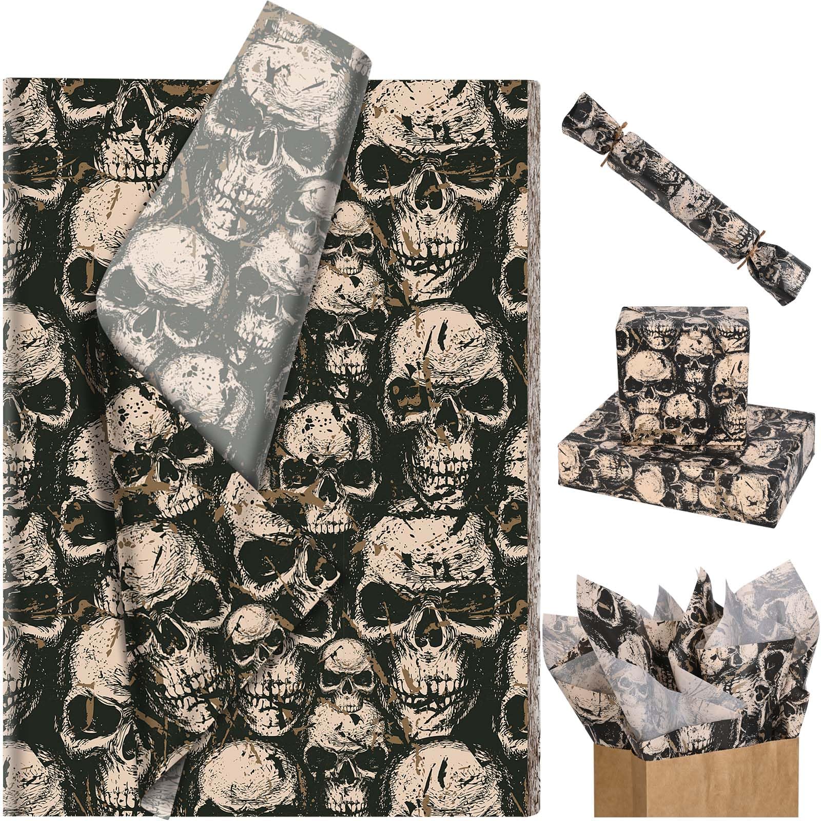 Bolsome 100 Sheets 20 * 14 Inches Vintage Halloween Tissue Paper for Gift Wrapping Hand-drawn Skull Printed Tissue Paper for Gift Bags for Halloween Party Birthday Party DIY Craft