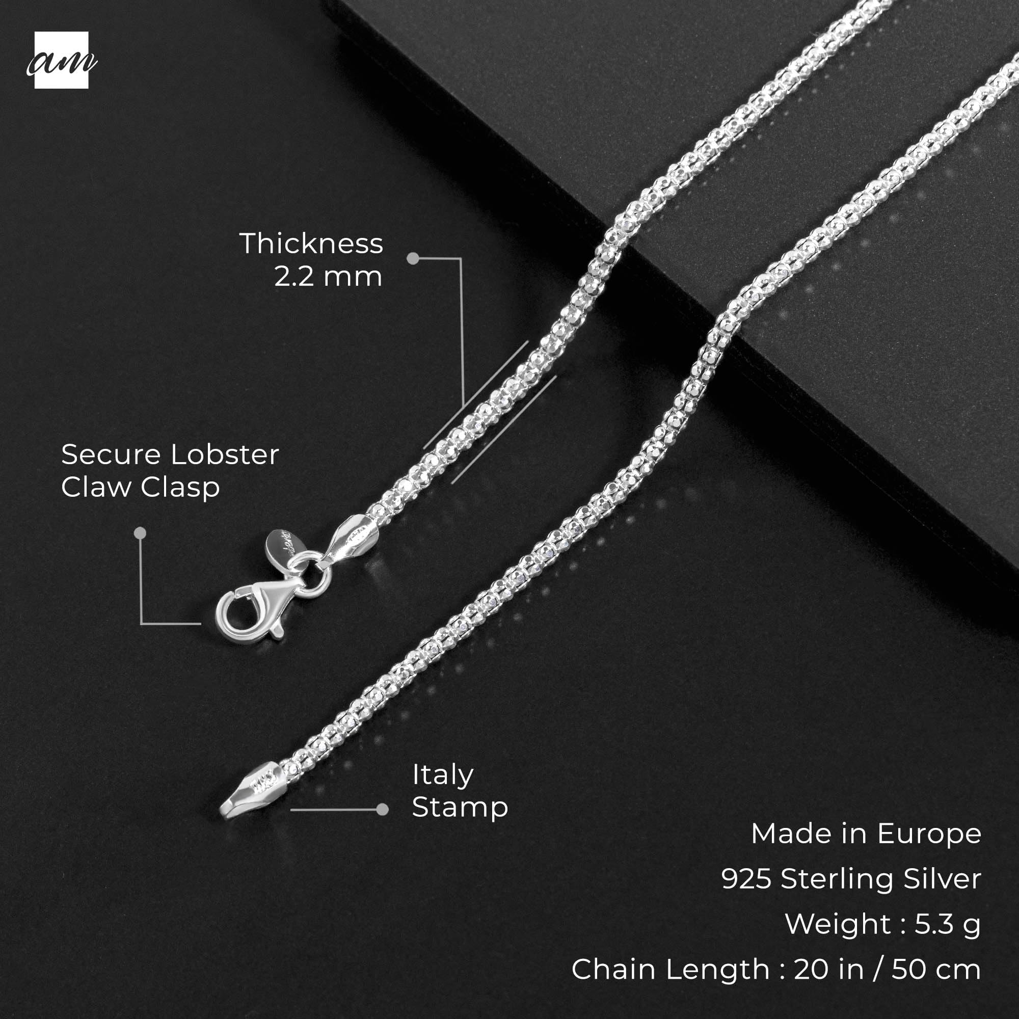 Amberta 925 Sterling Silver 2.5 mm Diamond Cut Popcorn Coreana Chain Necklace Length 24" inch / 60 cm (24)
