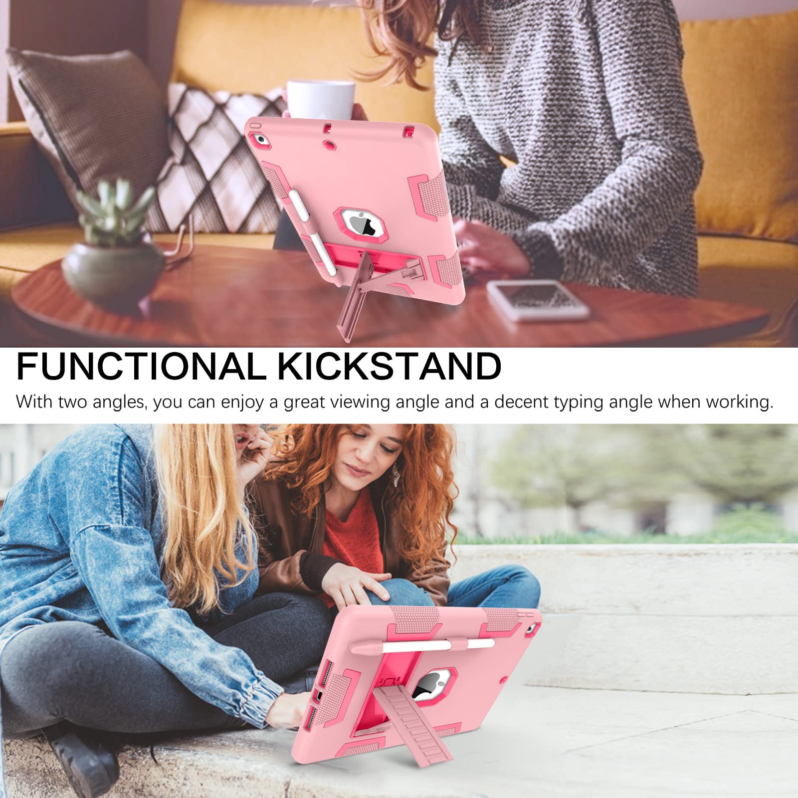 BENTOBEN for iPad 9th Generation Case, iPad 8th Generation Case, iPad 7th Gen Case, iPad 10.2 2021/2020/2019 Case, Heavy Duty 3 in 1 Rugged Shockproof Protective Stand Kids Covers, Pink/Red