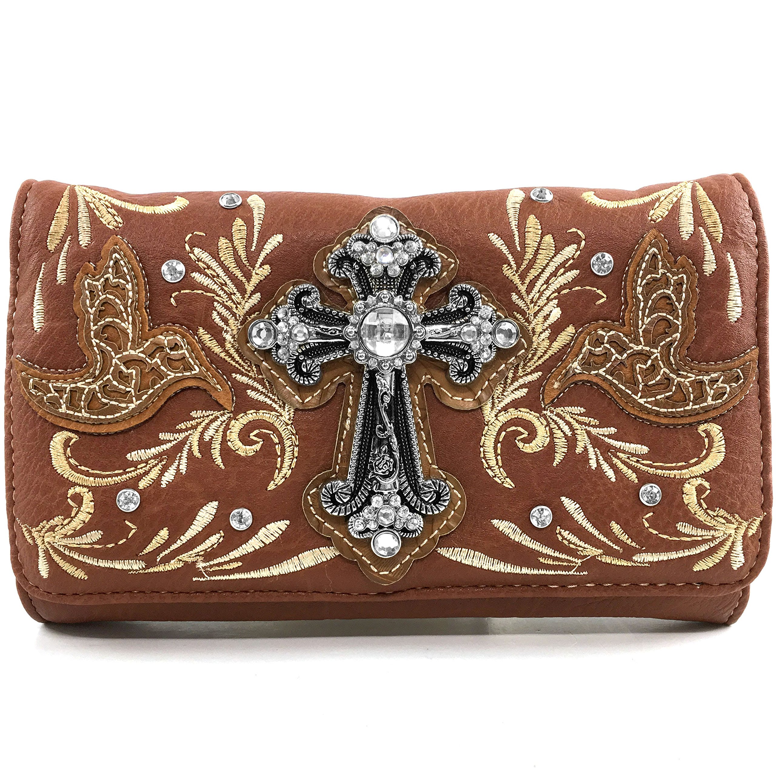 Justin West Embroidery Hummingbird Autumn Floral Design Rhinestone Cross Wristlet Trifold Wallet Attachable Long Strap (Turquoise)