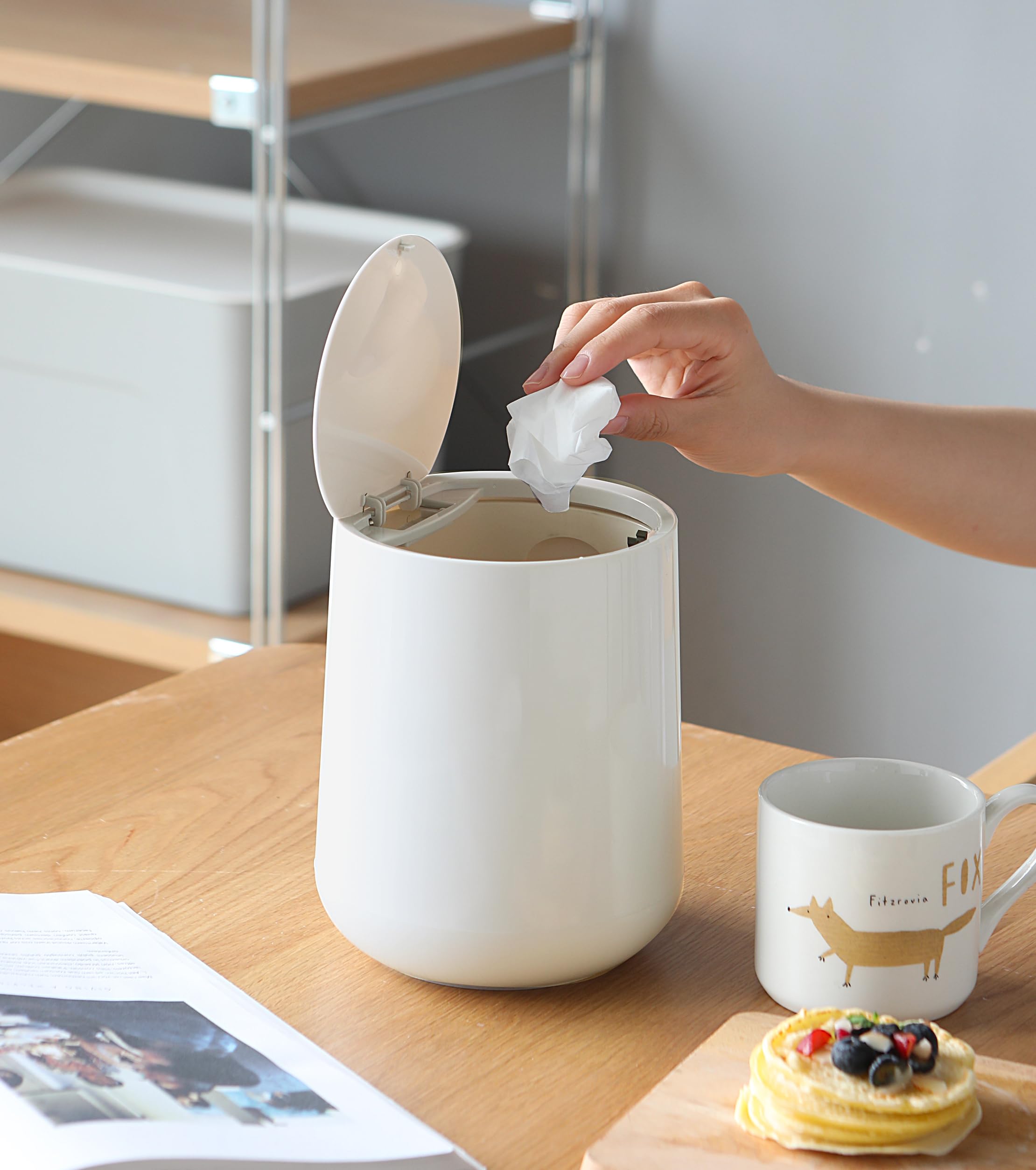 COMODID Small Trash Can with Lid for Countertop, Mini Trash Can for Desk, Small Garbage Can with Press-Top, Desktop Trash Bin, Tabletop Waste Basket for Kitchen, Bedroom, Bathroom, 2L/ 0.5GAL (White)