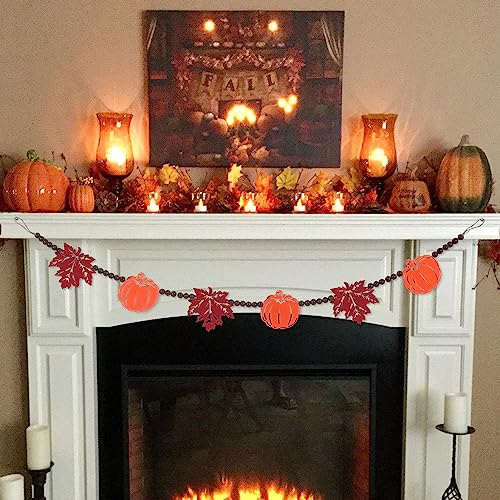 Fall Decorations for Home, DEWBIN 47" Farmhouse Wooden Beads Garland with Pumpkin and Maple Leaf for Fall Decor, Fall Thanksgiving Decorations for Tiered Tray, Coffee Table, Mantel, Dining Room, Wall