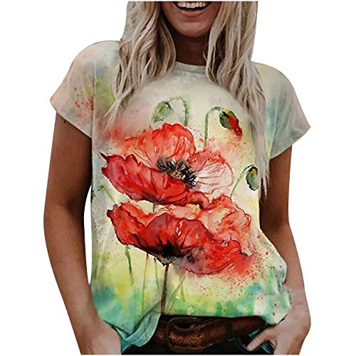 Bravetoshop Womens Plus Size Short Sleeve Loose T-Shirts Floral Print V Neck Pullover Comfy Tee Shirts Blouse Tops (Green,XXL)