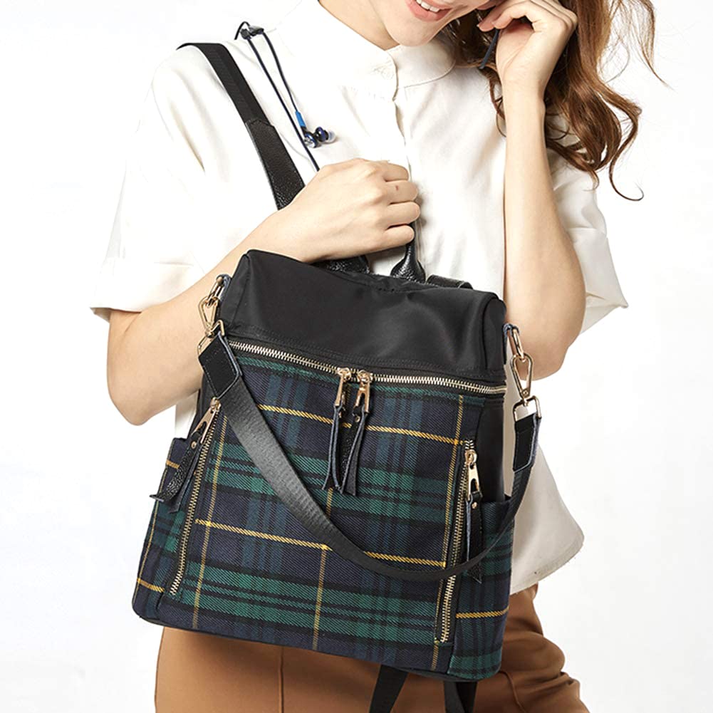 Mn&Sue Plaid Backpack Purse for Women Fashion Casual Daypack Dual-use Travel Shoulder Bag Nylon Rucksack (Green Plaid) One_Size