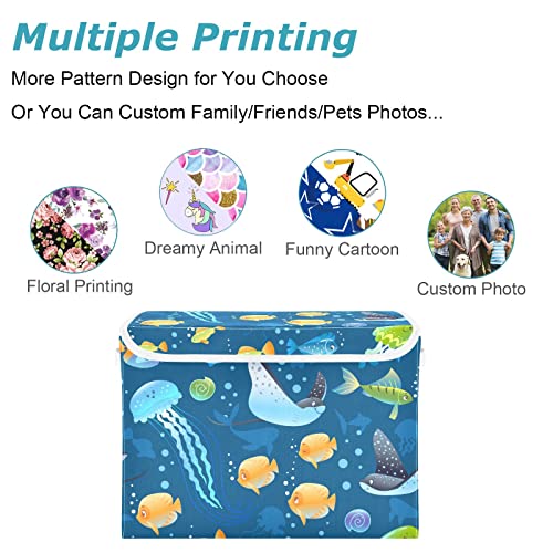 CaTaKu Blue Sea Fish Storage Bins with Lids and Handles, Fabric Large Storage Container Cube Basket with Lid Decorative Storage Boxes for Organizing Clothes
