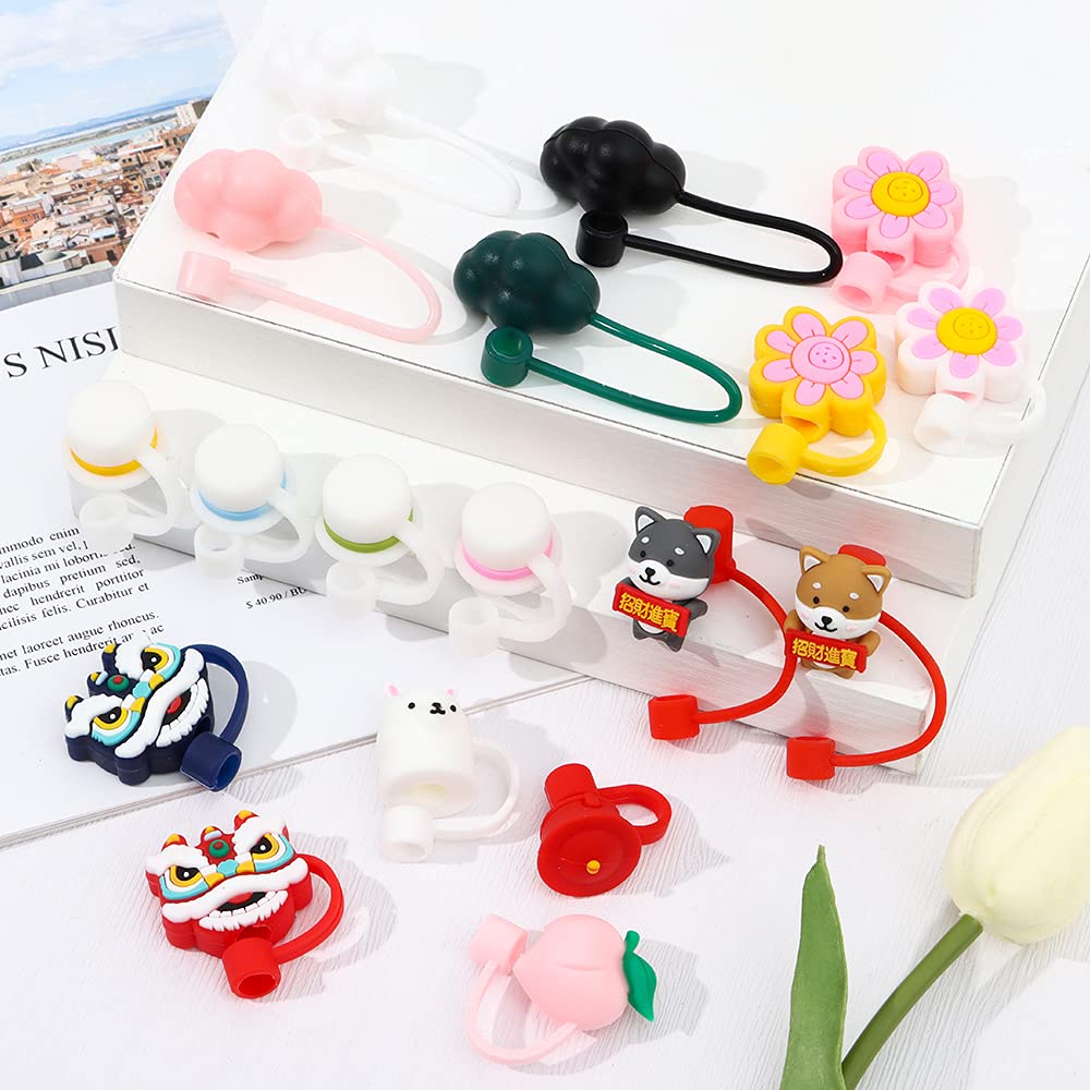 Beyonday Cute Silicone Straw Plug, Reusable Drinking Dust Caps, Cartoon Plugs Cover, Splash Proof Straw Tips, Cup Straw Accessories (Peach)