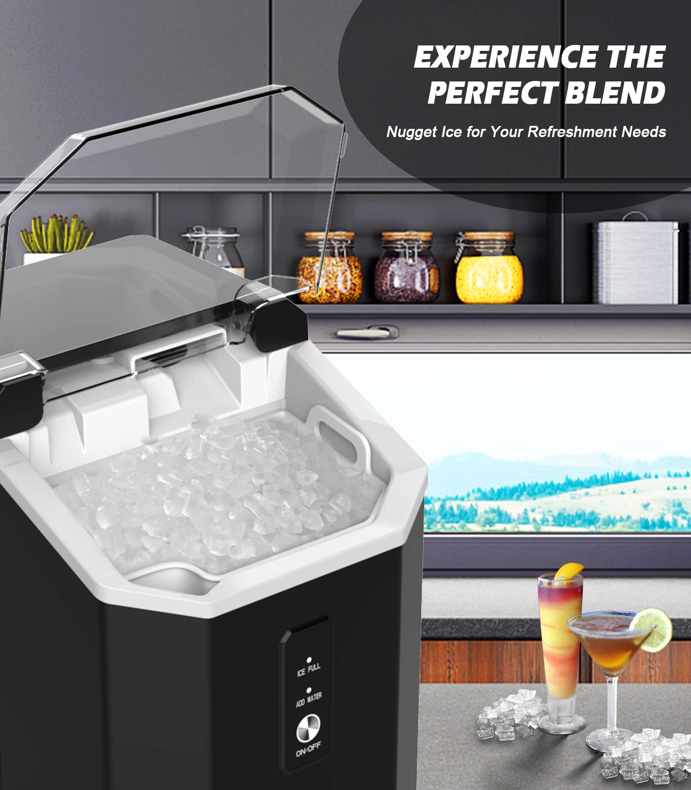 FOOING Nugget Ice Maker Countertop, Crushed Chewable Maker, Self Cleaning Makers with One-Click Operation, 34Lbs/24H, Pebble Portable Machine Scoop for Home Bar Camping RV