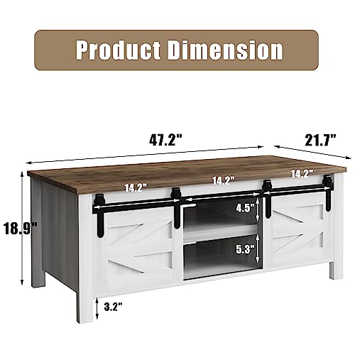Furmax Coffee Table with Storage and Sliding Barn Doors, Farmhouse Living Room Table with Adjustable Shelves, Wood Rustic Center Table for Home Living Meeting Room (Antique White)