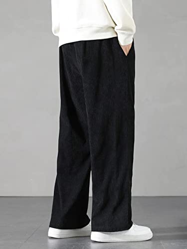 Floerns Men's Loose Fit Corduroy Elastic Waist Slant Pocket Straight Leg Pants Black L