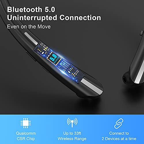Fabenix Bluetooth Headphones, Bluetooth 5.0 Neckband Bluetooth Headphones, Sweat Resistant Noise Cancelling Stereo Headphones and Retractable Ear Tips for Music, Conference, Videos(Black)