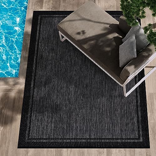 CAMILSON Indoor Outdoor Rug, 5x7 Bordered Dark Grey Black Modern Area Rugs for Indoor and Outdoor Patios, Kitchen and Hallway Mats, Washable Porch Deck Outside Carpet (Bordered Black, 5x7)