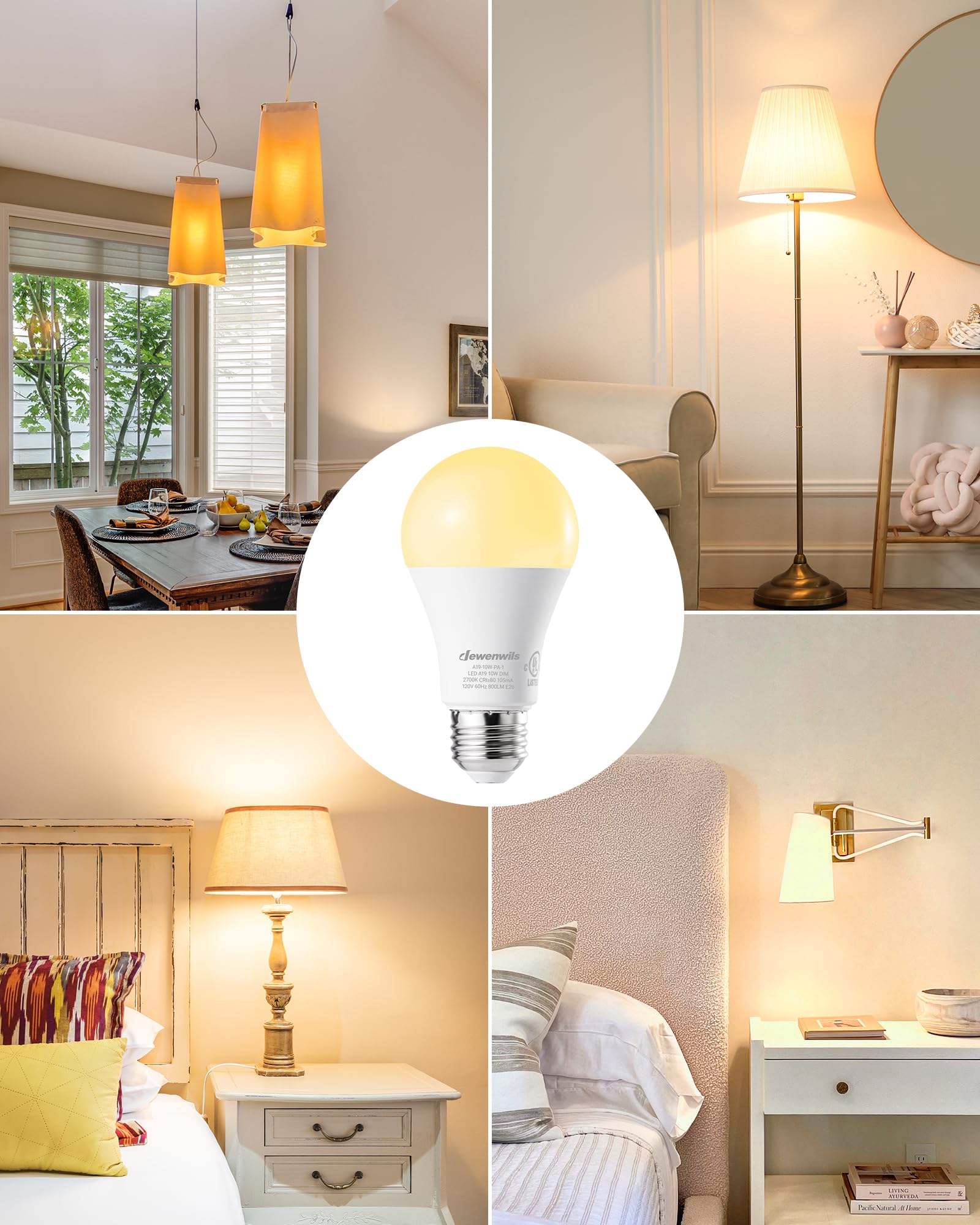 DEWENWILS 4-Pack Dimmable LED A19 Light Bulb, 800 Super Bright, 2700K Soft Warm Light Bulb, 10W (60 Watt Equivalent) LED Bulb, E26 Medium Screw Base, UL Listed