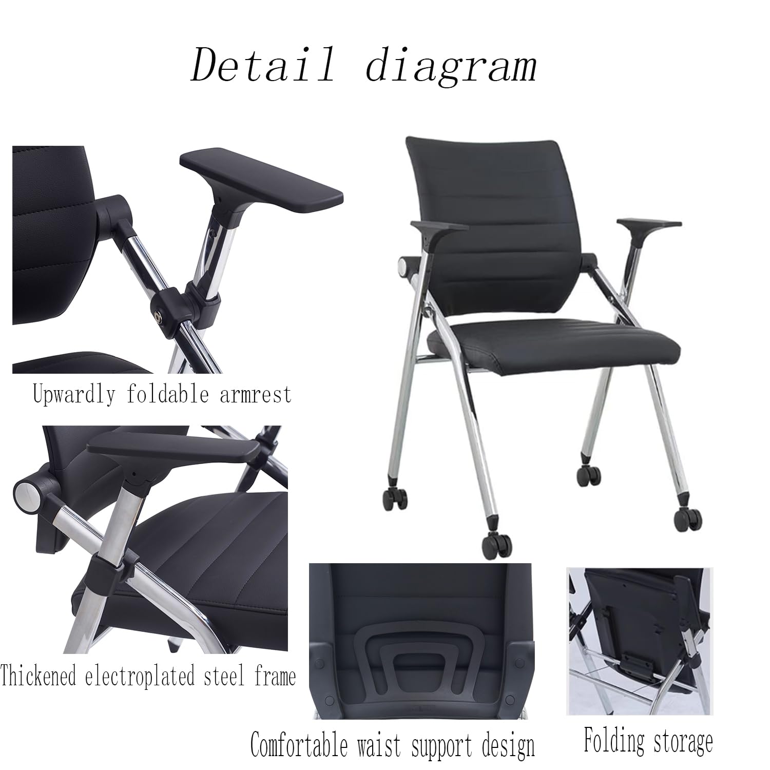 Buokaiw Foldable Office Chair,Folding Desk Chair with Wheels, 360 ° Rotation Leather Conference Training Chairs,Portable Padded Office Chairs. Backrest Bouncy,Black(1 Pcs)