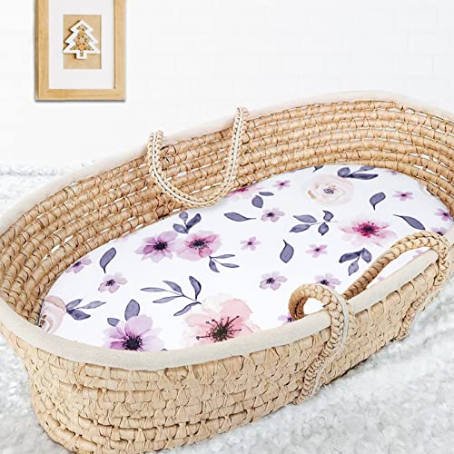 GFU Bassinet Sheets Fitted for Baby Girl, 2 Pack Soft Breathable Bedside Sleeper Sheets Set, Fit for Hourglass Oval Rectangular Bassinet Mattress Pad, Pink Purple Watercolor Floral