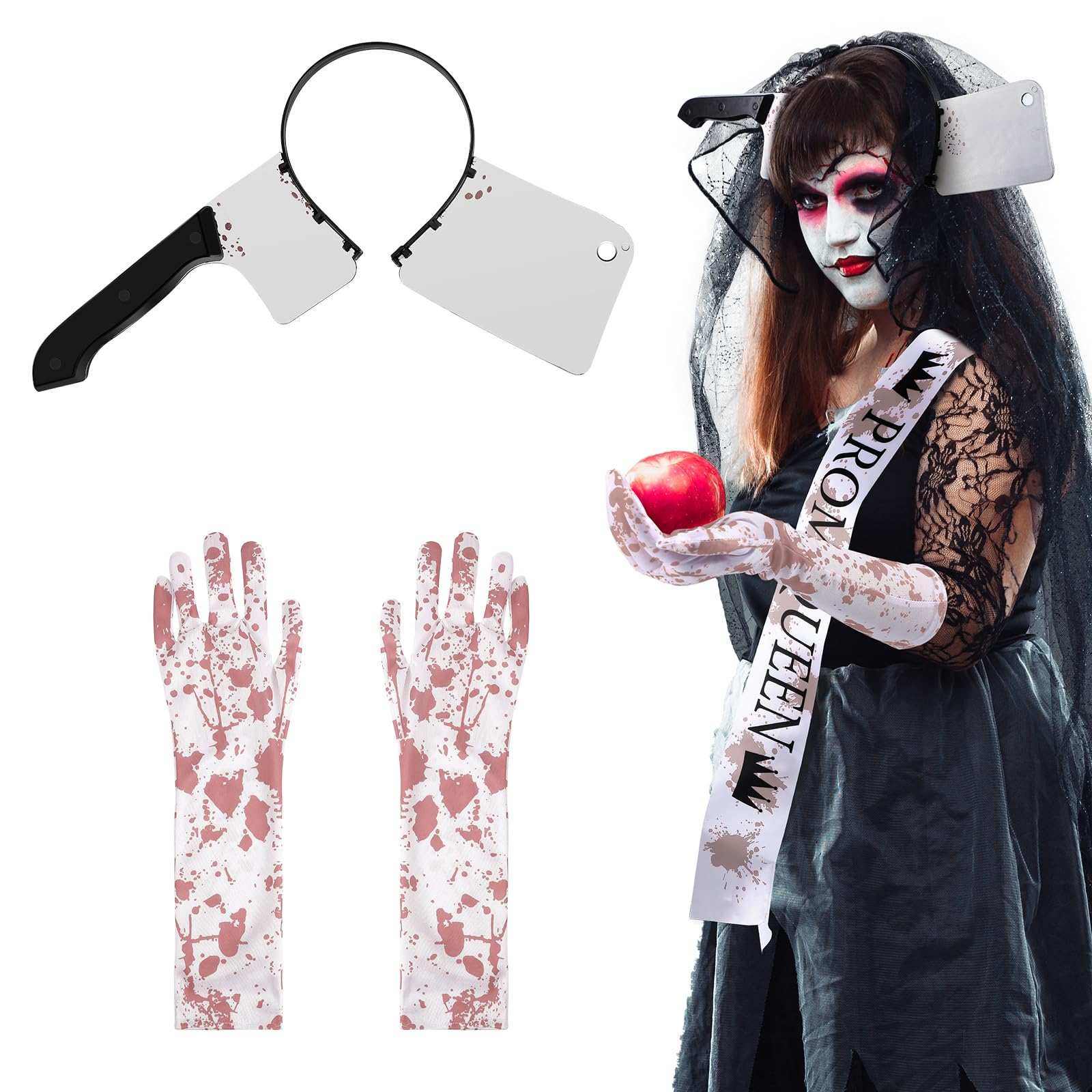 Jiuguva 4 Pcs Halloween Blood Prom Queen Costume Zombie Cosplay Accessory Set Including Knife Headband White Bloody Gloves Prom Queen Satin Sash for Women Girls Halloween Dress up Party Prop Supplies