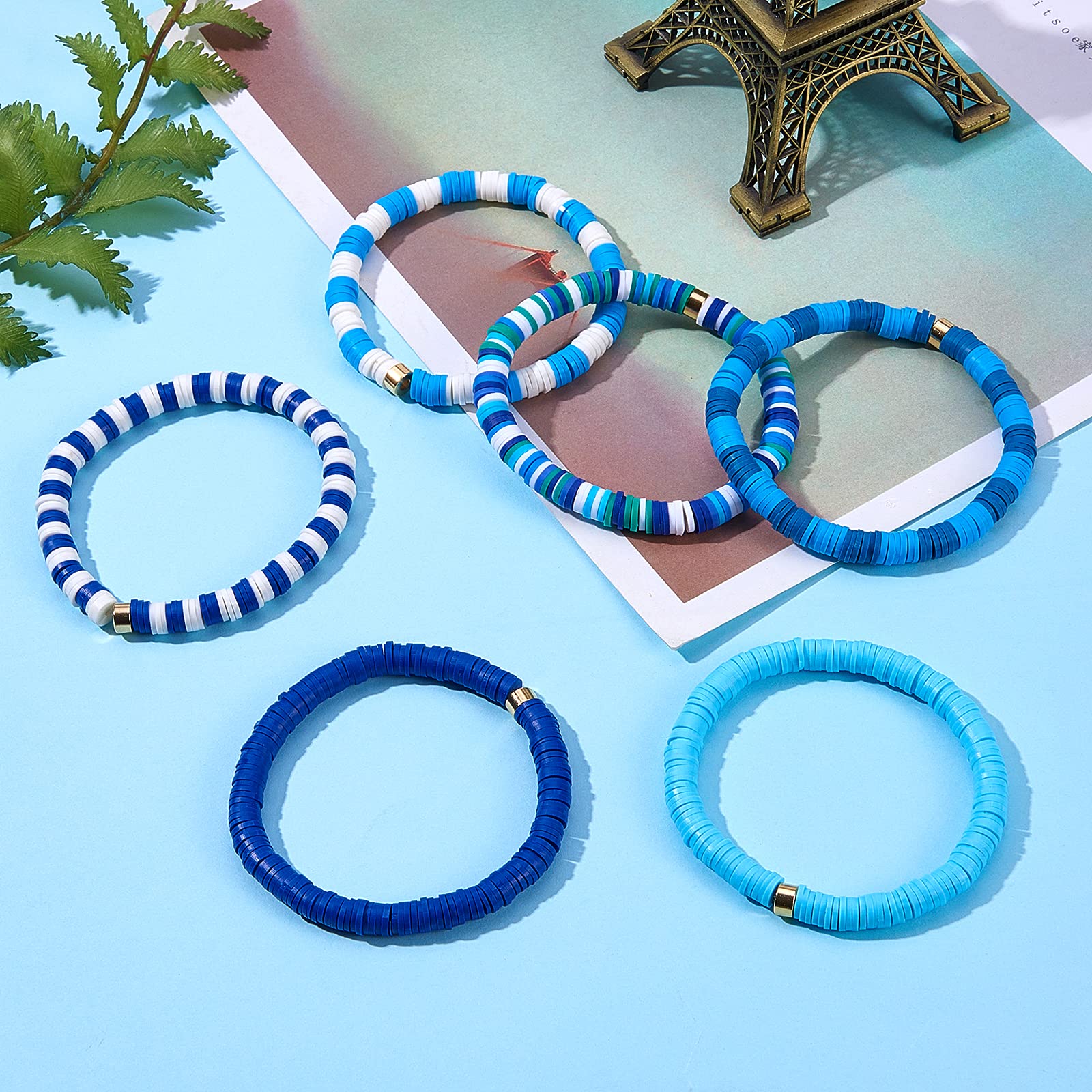 BEEFLYING 6pcs Clay Beads Bracelets Set Heishi Surfer Disc Stretch Bracelets Bohemian Adjustable Bangle Boho Bracelets for Women Girls Vacation Party Summer Beach